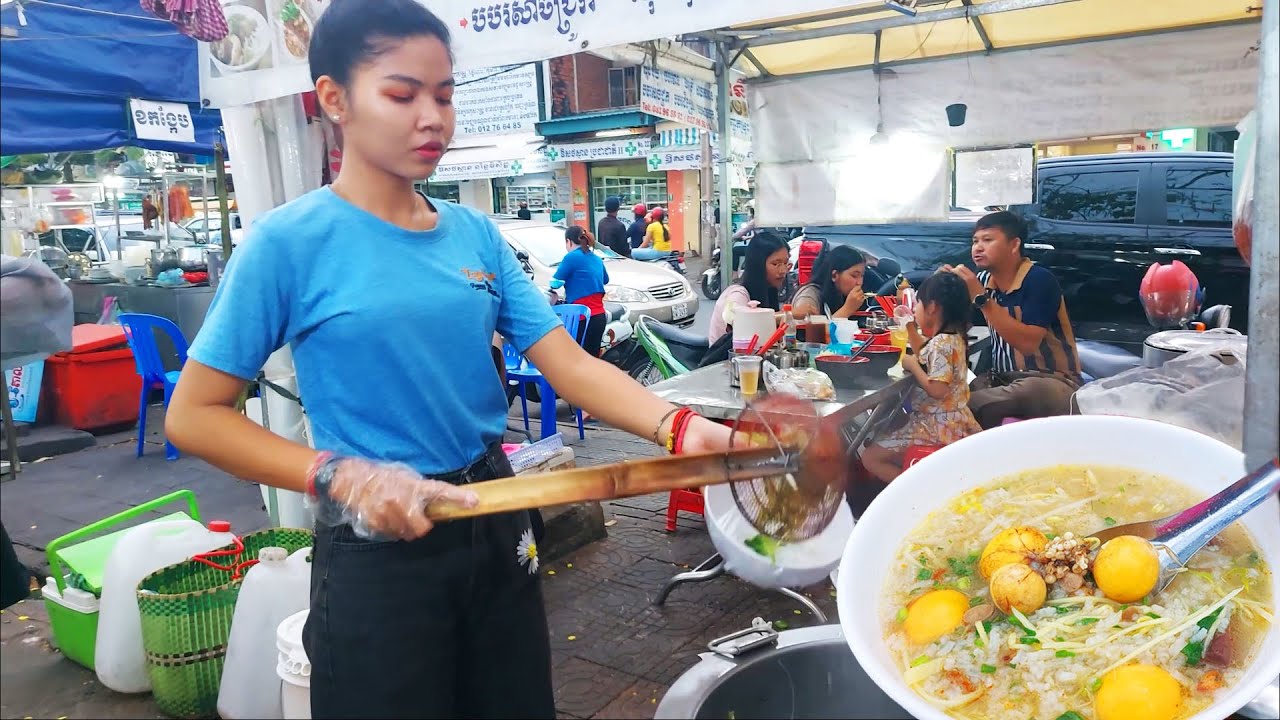 Popular Khmer Chicken Congee at Famous Toul Tom Poung Market - Street ...