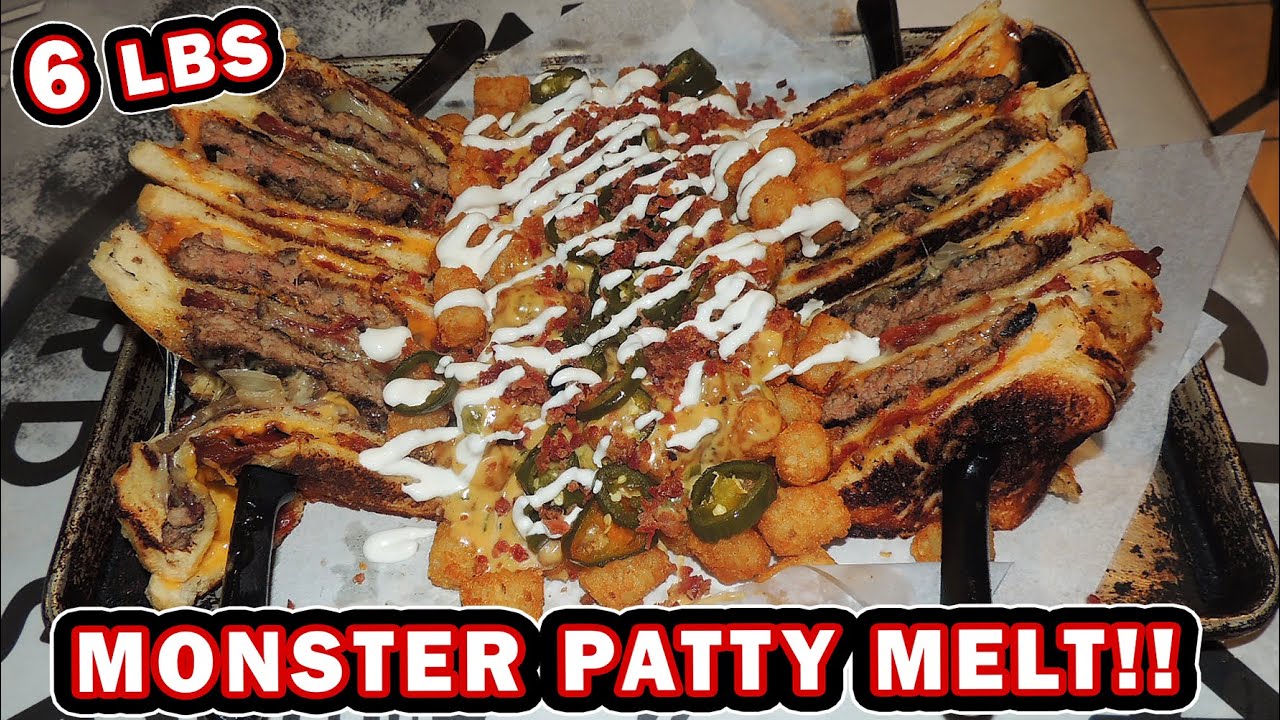 Taphouse's Monster Patty Melt Burger Challenge w/ Cheesy Bacon Tater ...
