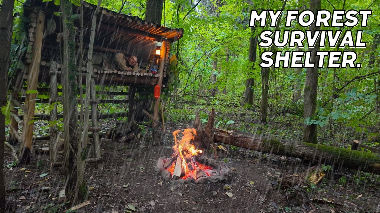 Bushcraft camping. Building a shelter for survival in the wild. Rescue ...