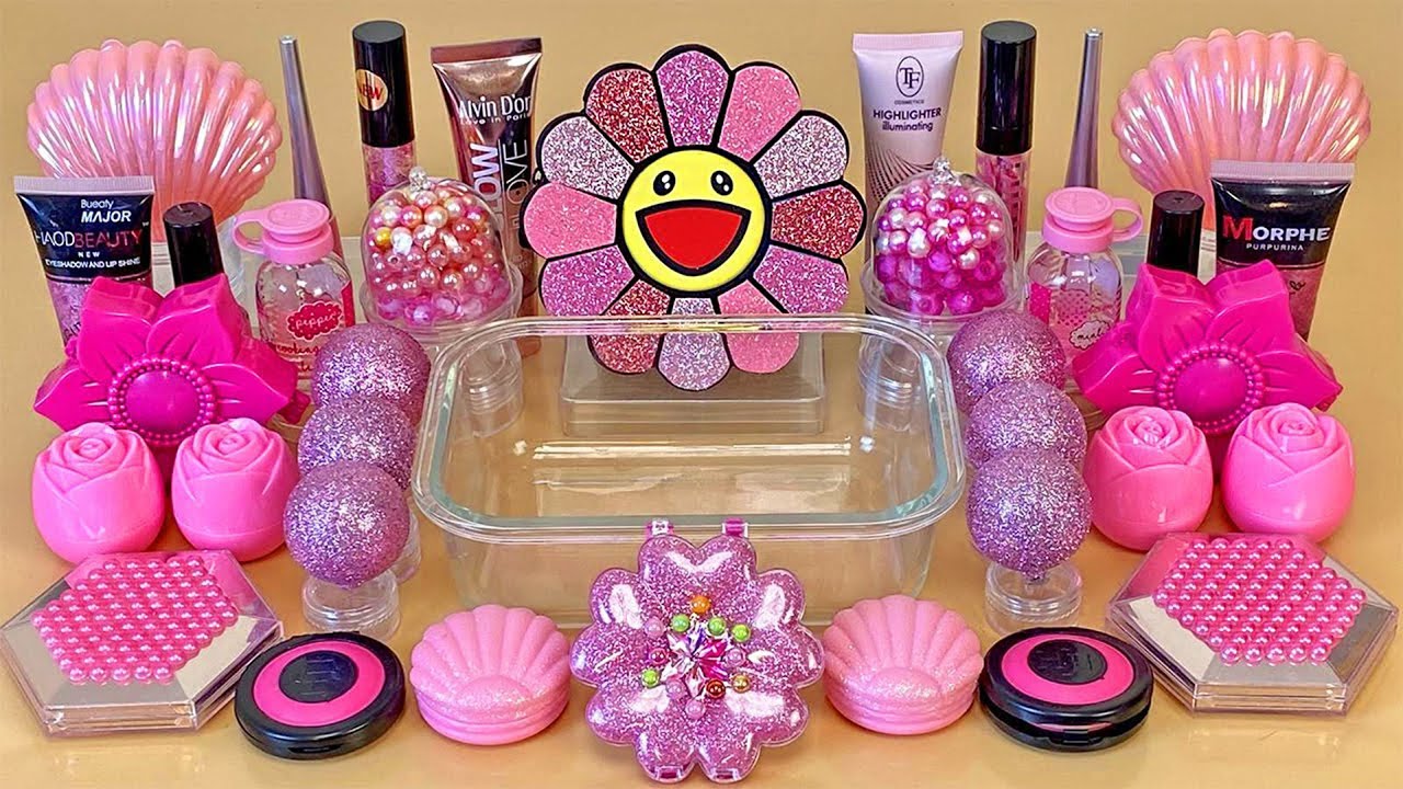 Pink SLIME 🩷 Mixing makeup and glitter into Clear Slime. Satisfying ...