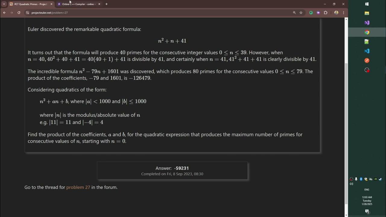 ProjectEuler.net №027. Quadratic Primes(Квадрат анхны тоо) - YouTube