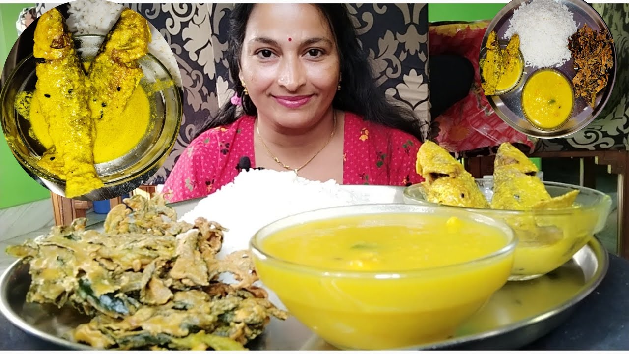 Eating Show - Rice,Parshe Macher Jhal 😋, Vegetable Dal,Helencha Shaker ...
