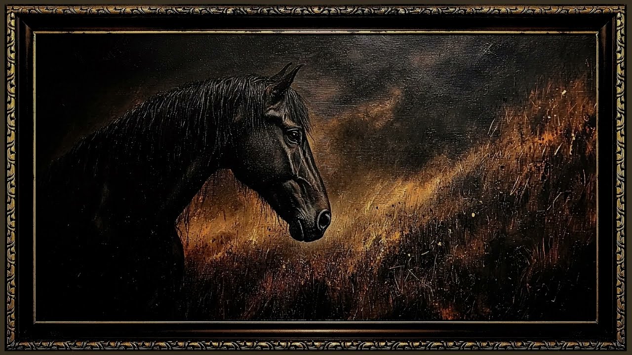Horse in Solitude, Dark Moody Oil Painting 4K UHD | Vintage Gold Frame ...