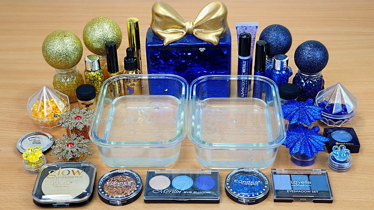 Dark BLUE vs GOLD Mixing makeup and glitter into Clear Slime Satisfying ...