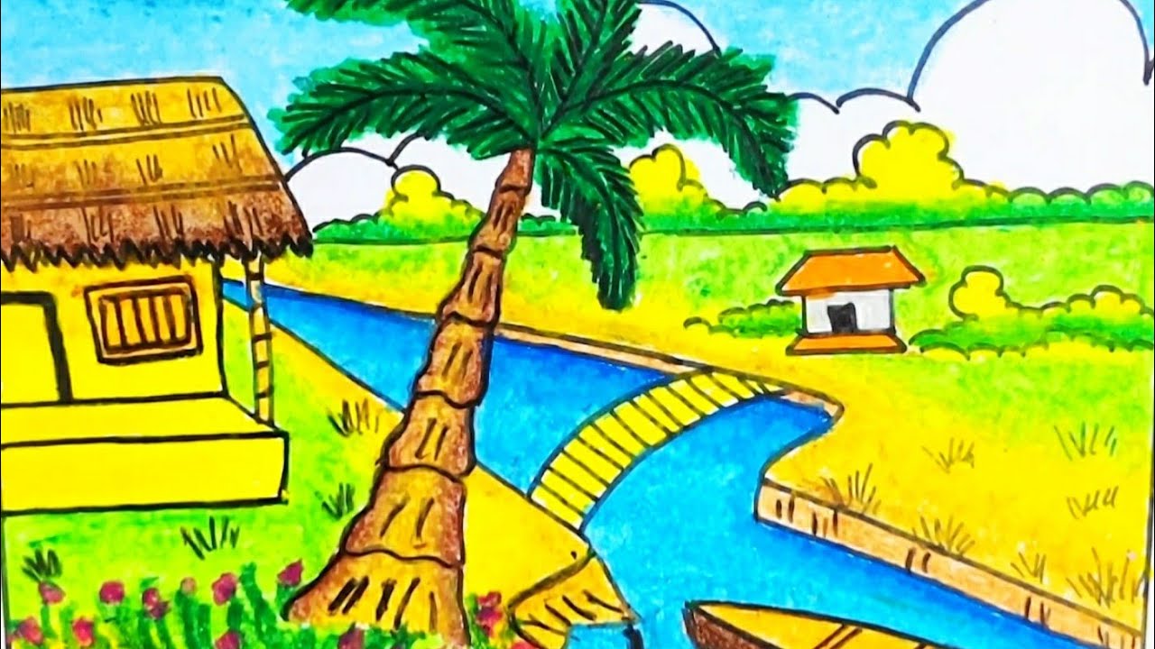 How To Draw Easy Village Scenery River Village Houses Simple Step How To Draw Easy Village Scenery River Village Houses Simple Step