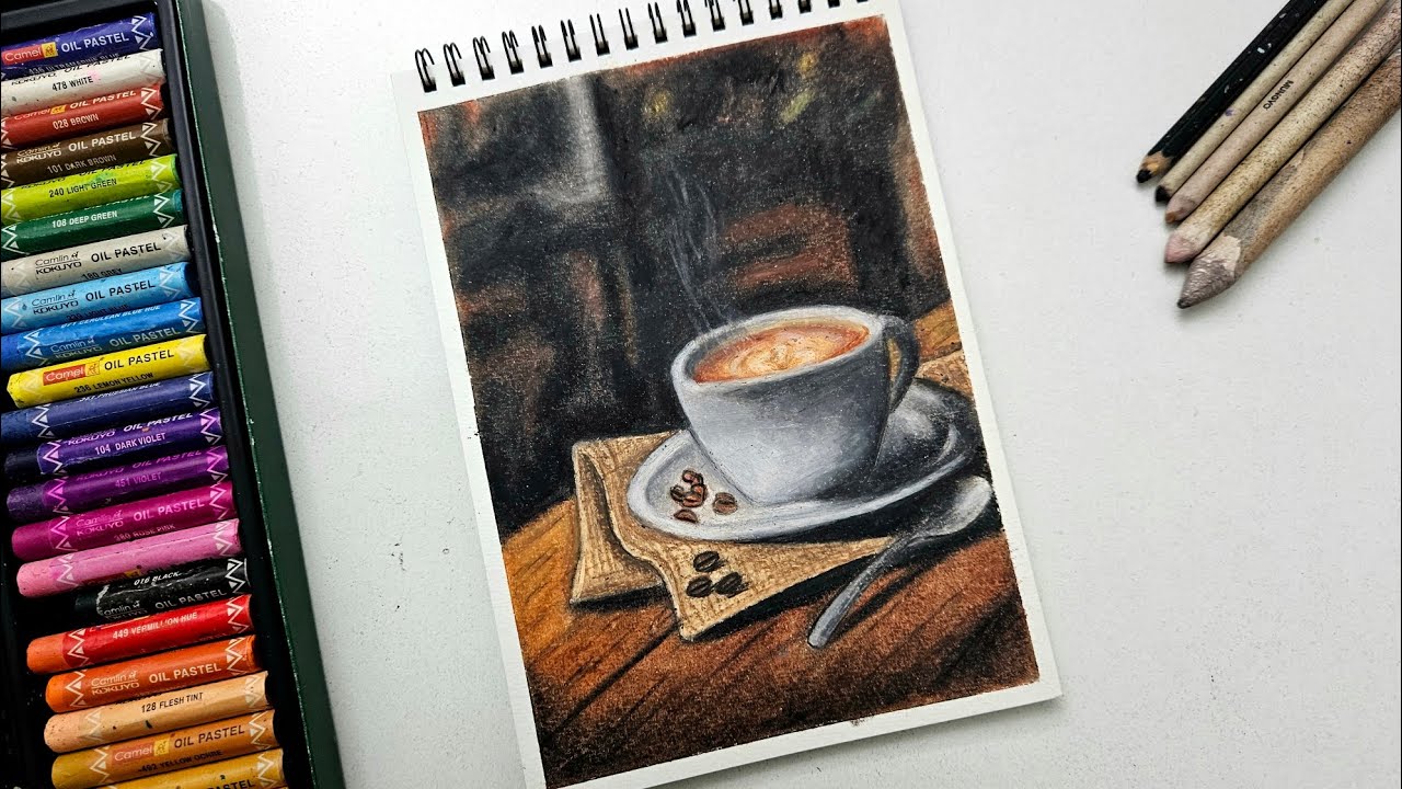 Oil Pastel Drawing - Coffee Cup ☕️ Drawing | Realistic drawing with oil ...