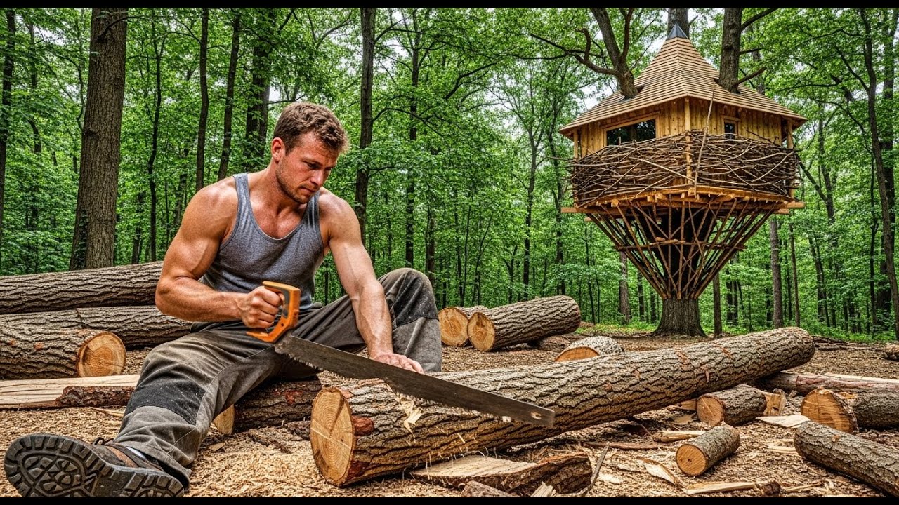 Bushcraft Tree House | Building a Warm Nest Survival Shelter in the ...