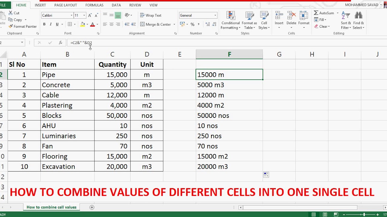 03 How to combine different cell values into one cell (malayalam) - YouTube