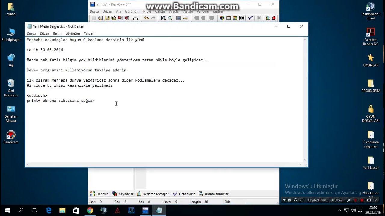 C kod merhaba dünya yazırması - YouTube