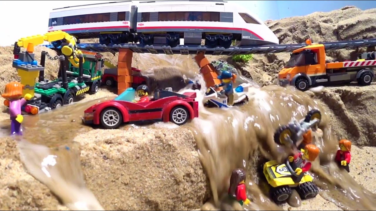 LEGO Dam Breach And Bridge Collapse With LEGO Train - YouTube