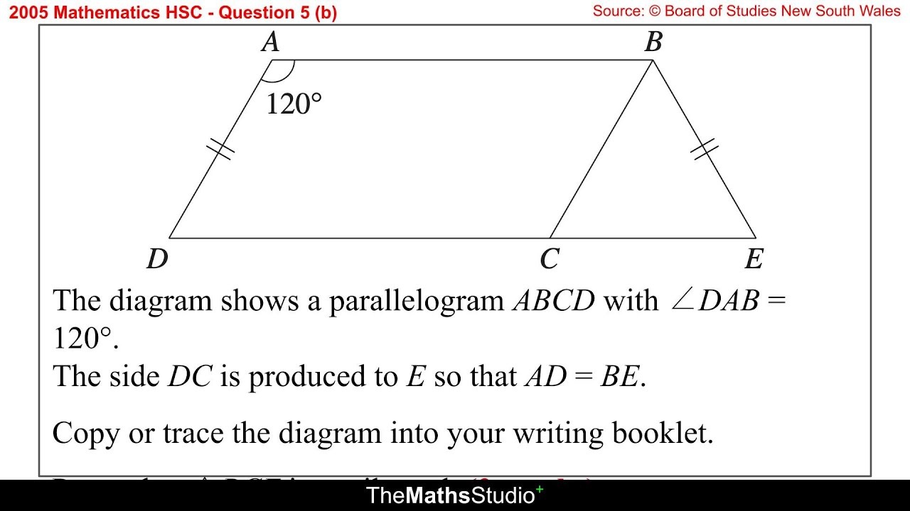2005 Maths 2u HSC Q5b Solve geometry proof problem involving showing a ...