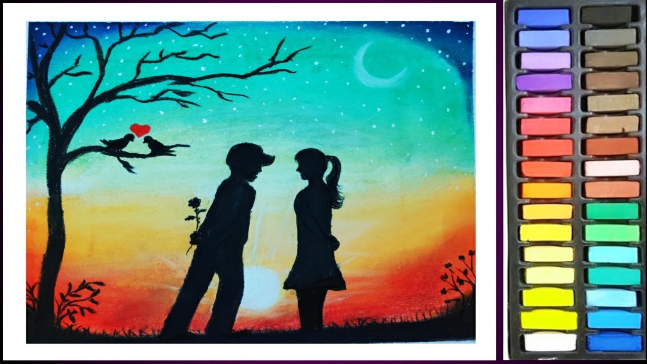 How to draw scenery of green moonlight with Romantic couple | Valentine ...