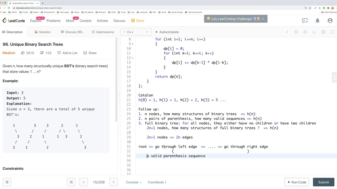 【每日一题】96 Unique Binary Search Trees 7152020 Youtube