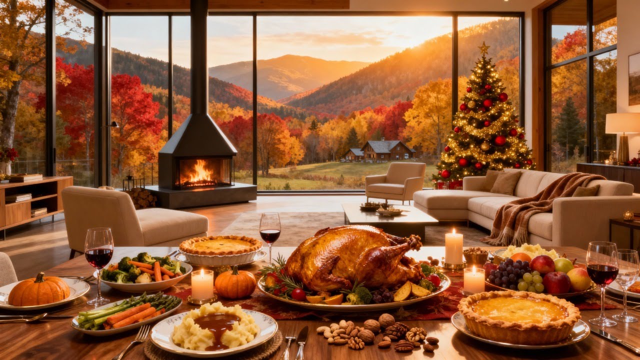 Cozy Modern Cabin Thanksgiving Dinner 🍂 Relaxing Fireplace Ambience (10 ...