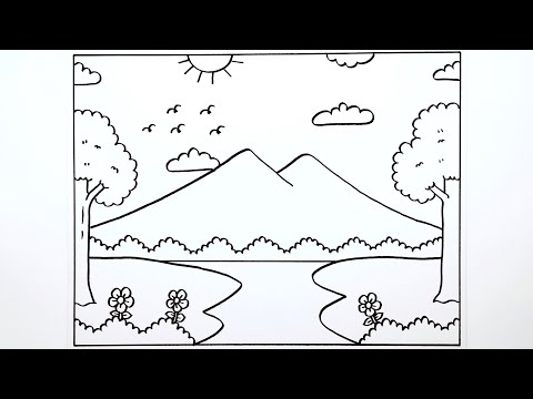 Cara menggambar pemandangan gunung yang mudah dan simple 