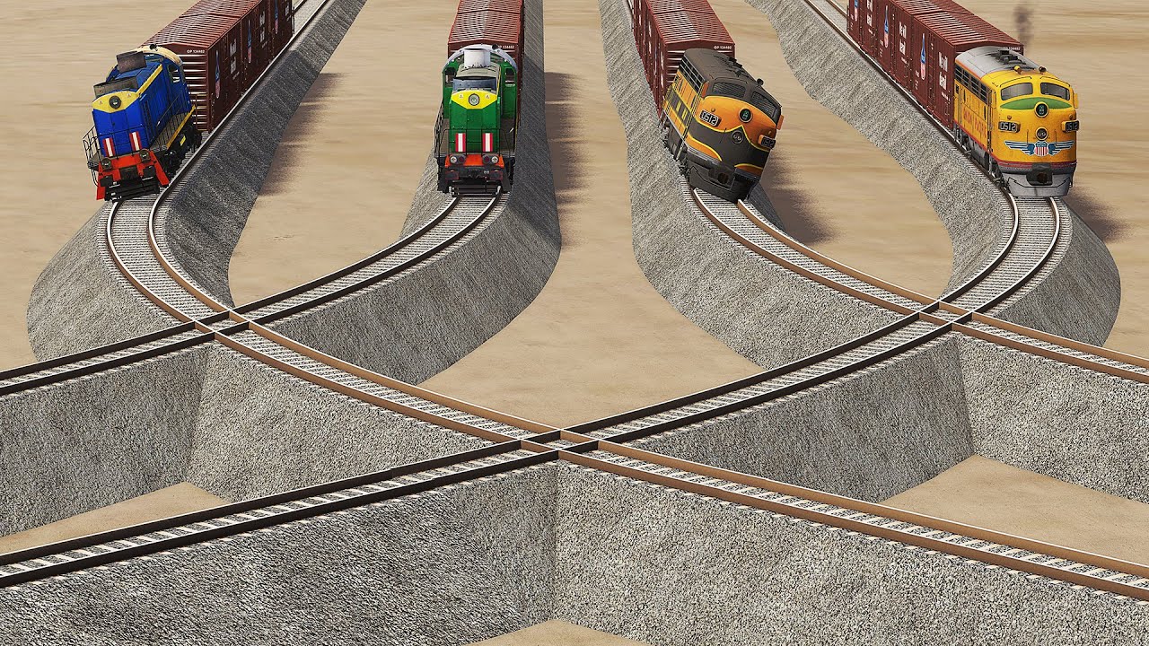 Four Trains vs Impossible Overlapping Rails Crossing Tracks - BeamNG ...