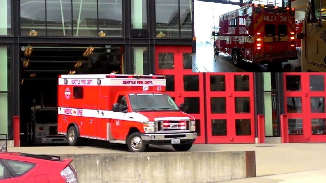 *INSIDE STATION VIEW* Seattle Fire Ambulance Responding x2 西雅圖消防救護車緊急出動 ...