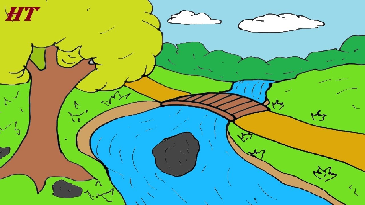 How to Draw a River || Scenery Drawing - YouTube