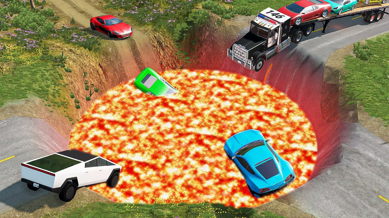 Cars vs Giant Lava Crater - BeamNG.drive (Giant Pit and Deep Water ...
