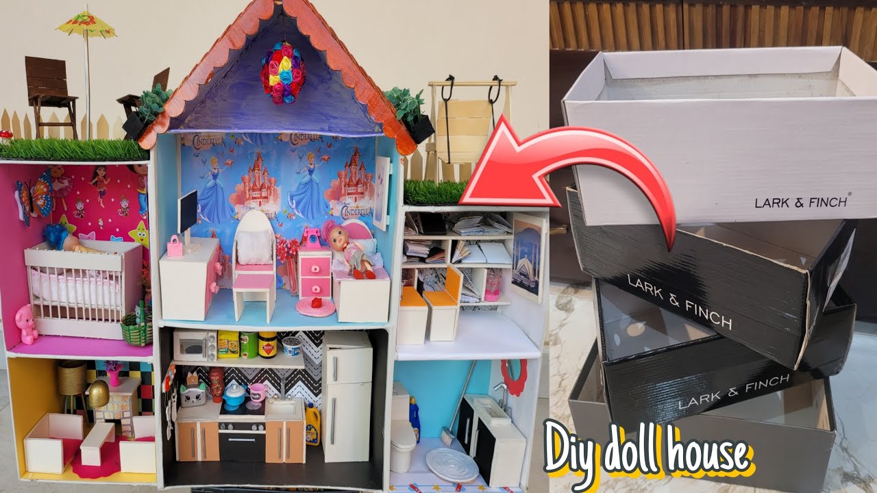Diy miniature doll house with furniture||shoe box doll house||Miniature ...