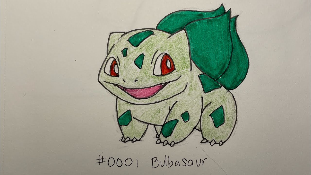 #0001 Bulbasaur Timelapse drawing in marker and colored pencil - YouTube