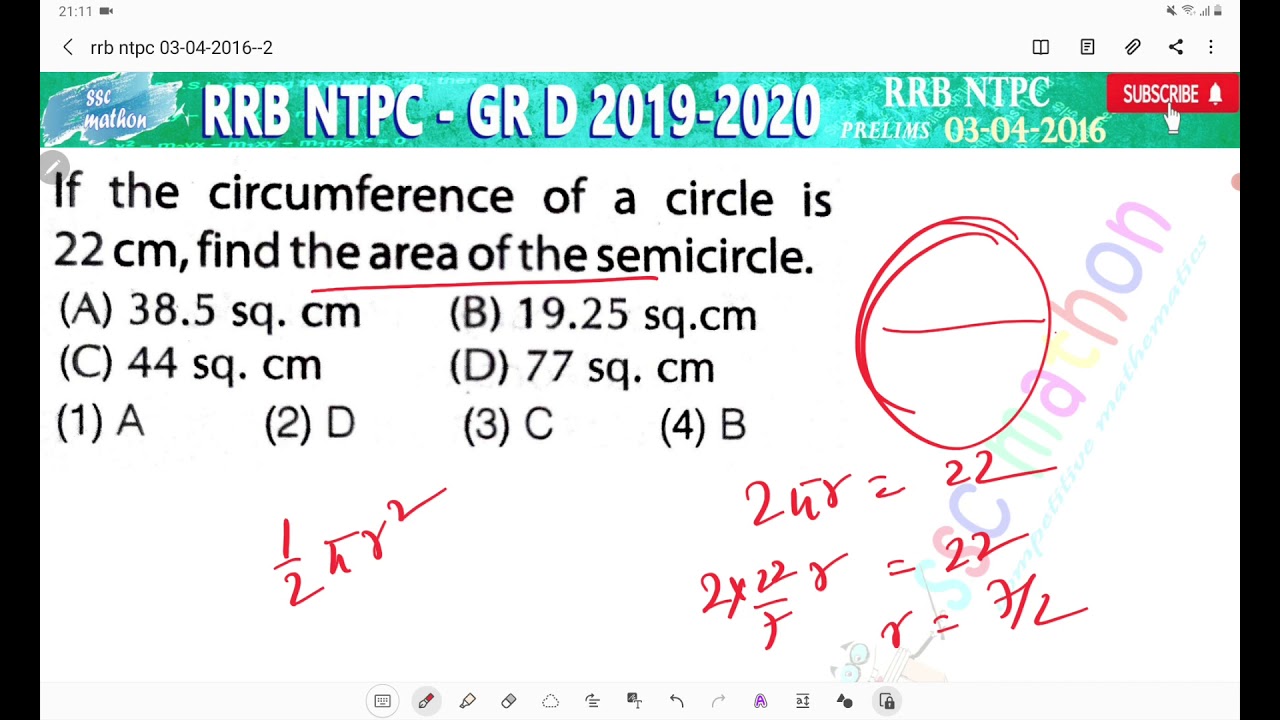 if the circumference of a circle is 22 cm find the area of the ...
