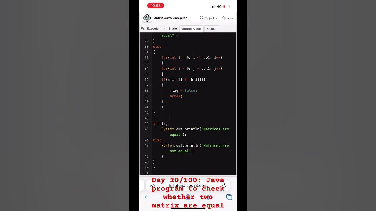 20 Java Program To Check Whether Two Matrix Are Equal Or Not Javaprogramming Javashorts 