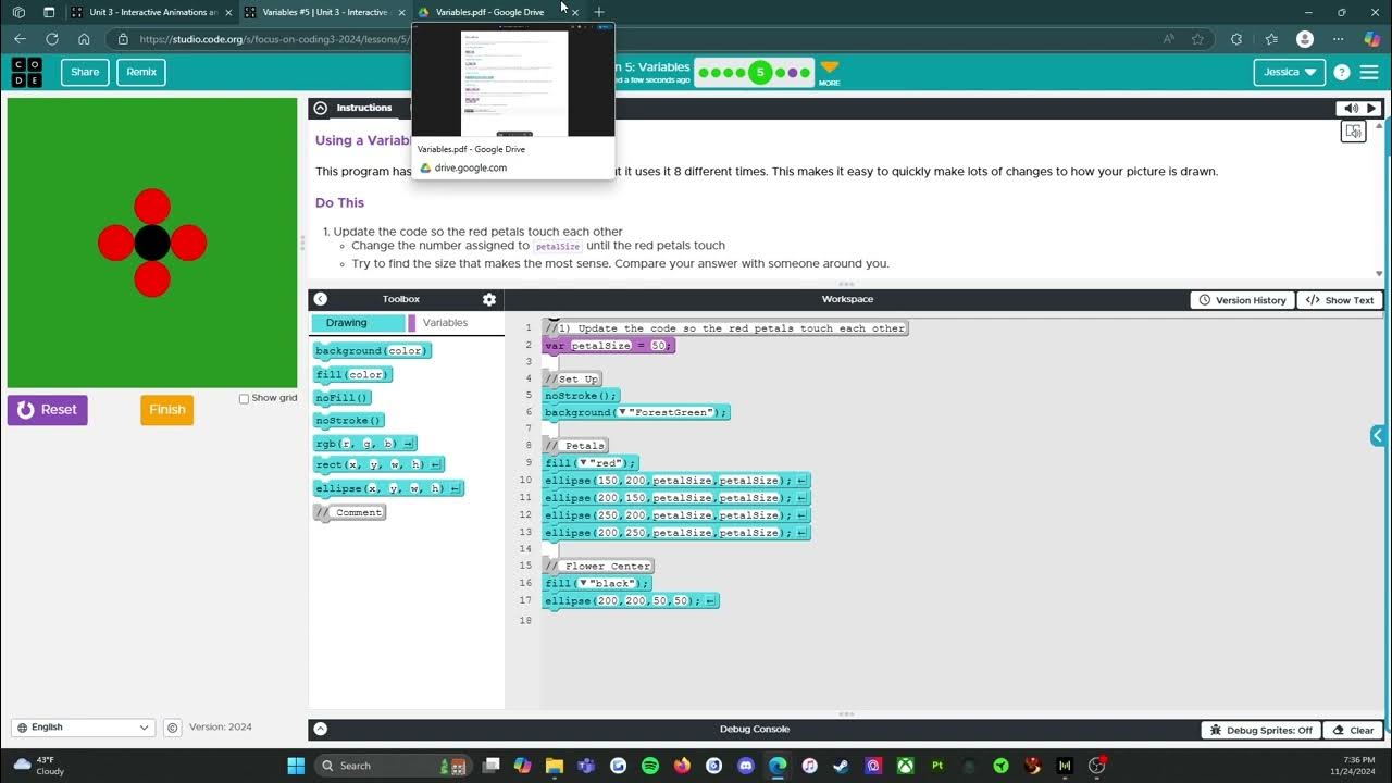 Code.org - CS Discoveries - Unit 3: Interactive Animations & Games: Lesson 5: Level 5 - YouTube