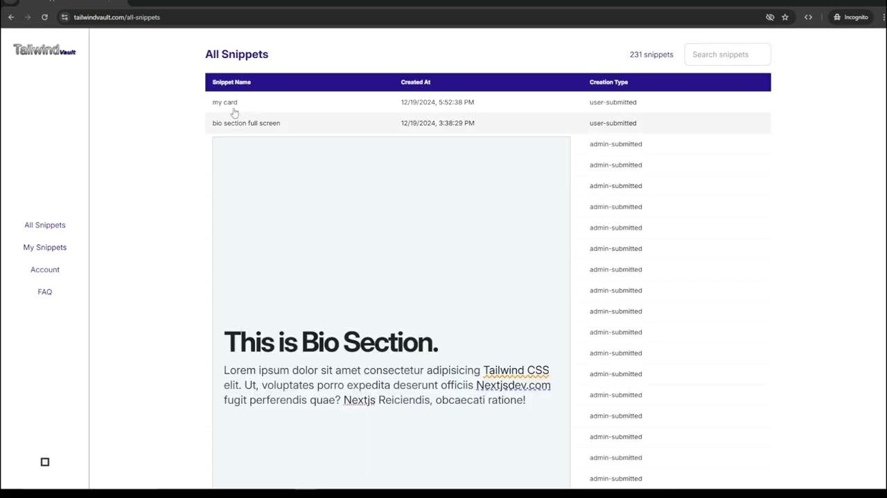 Tailwind Vault HTML/CSS Snippet Manager Preview - YouTube
