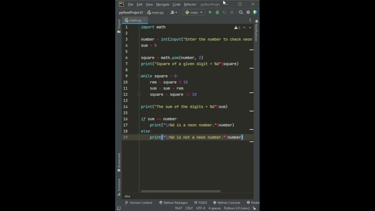 Python Program To Check Neon Number Shorts Pythonprojects Pythontutorial Python Python3 