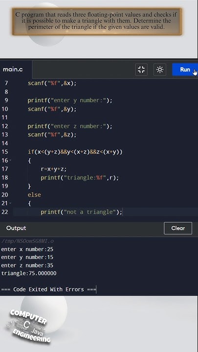 C program to reads 3 float-point values ,check if possible to make a triangle with them ...