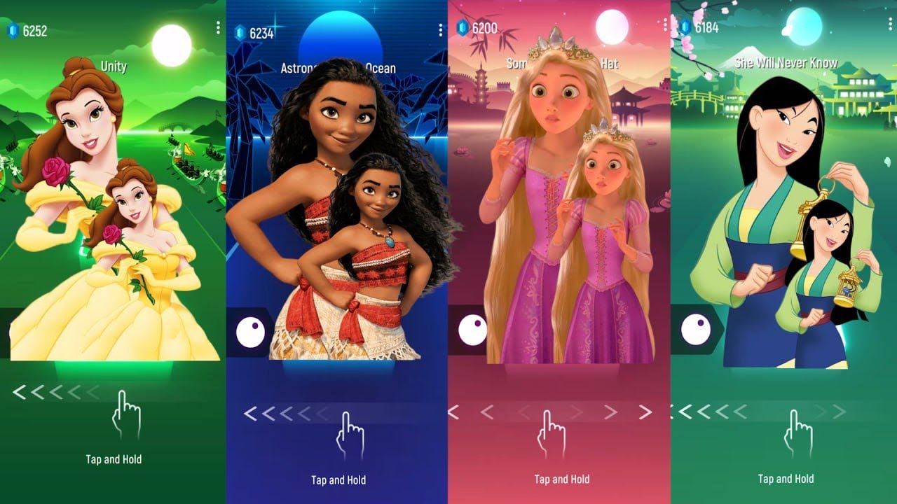 Belle Beauty and the Beast vs Moana vs Tangled vs Mulan - Tiles Hop EDM ...