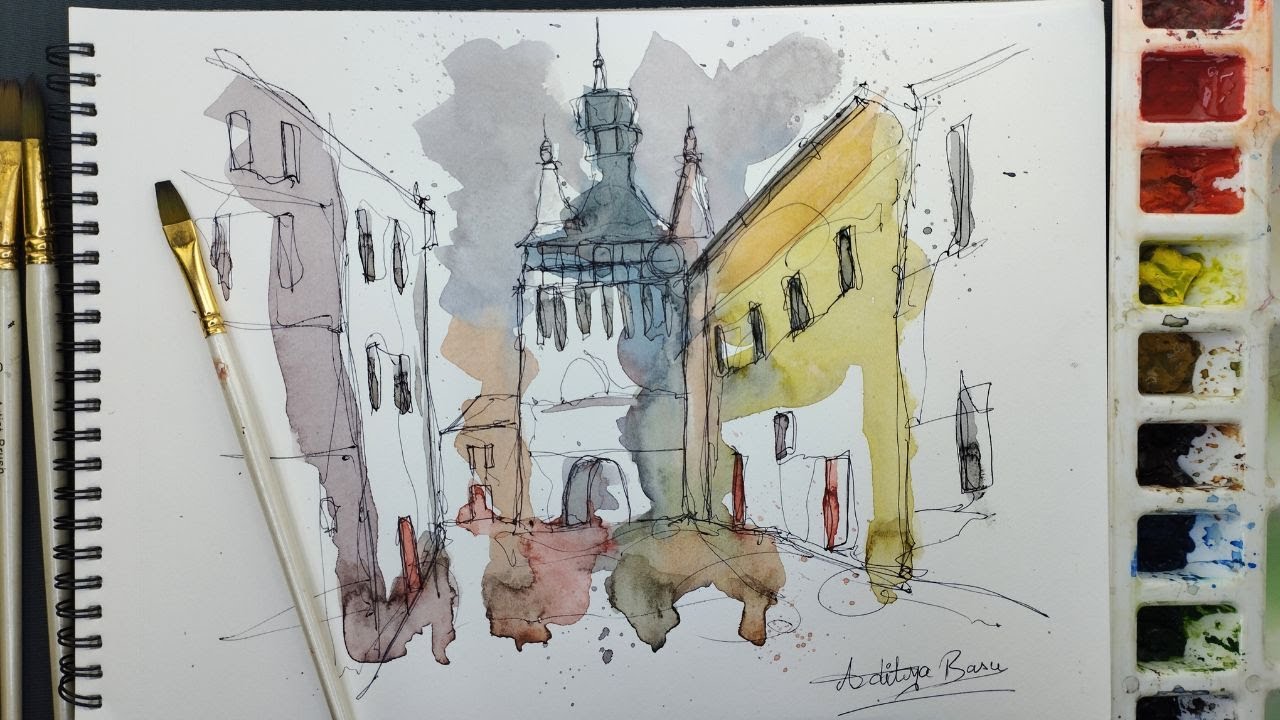 Simple line and wash watercolor sketch - YouTube