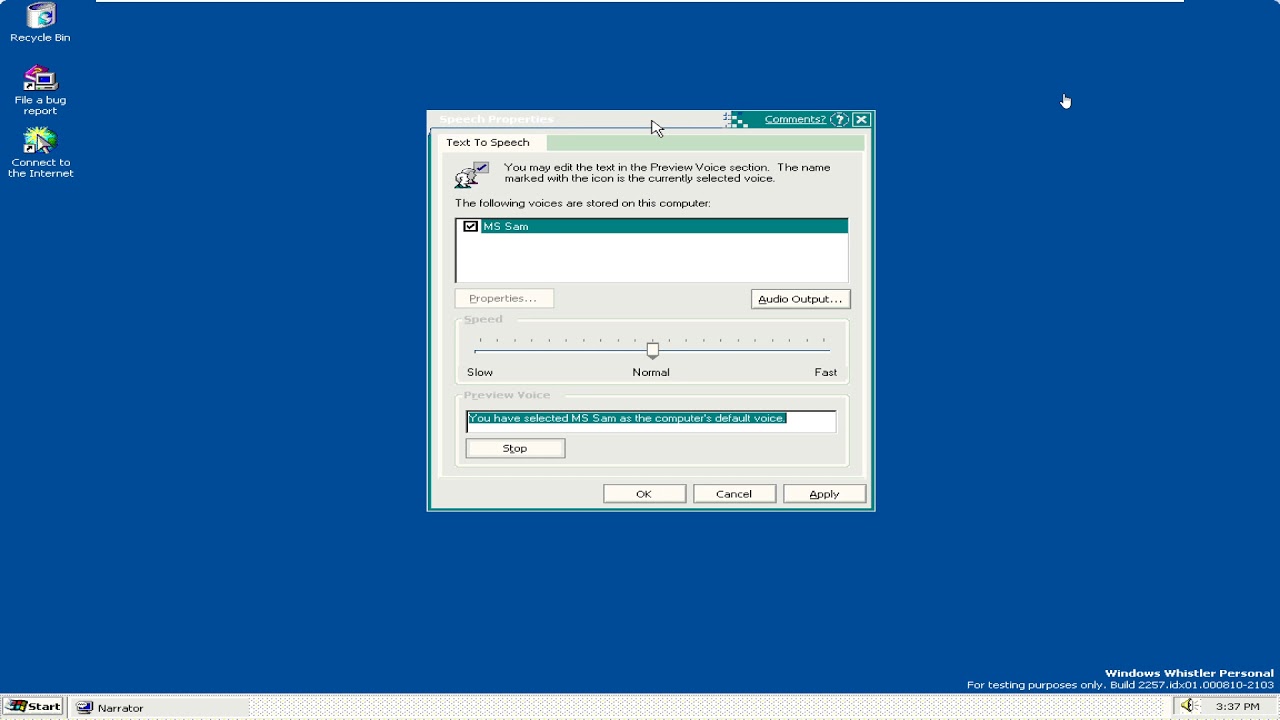 Microsoft Sam on Windows Whistler Build 2257 (broken) - YouTube