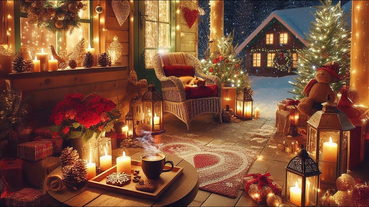 Relaxing Holiday Porch on a Snowy Night Ambience I Relaxing Windy Night ...