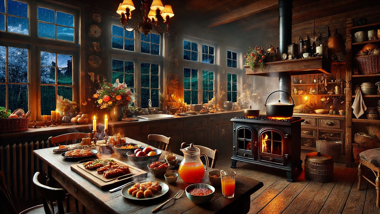 Cozy Kitchen on a Rainy Night | Deep Sleep and Relaxation with Rain ...