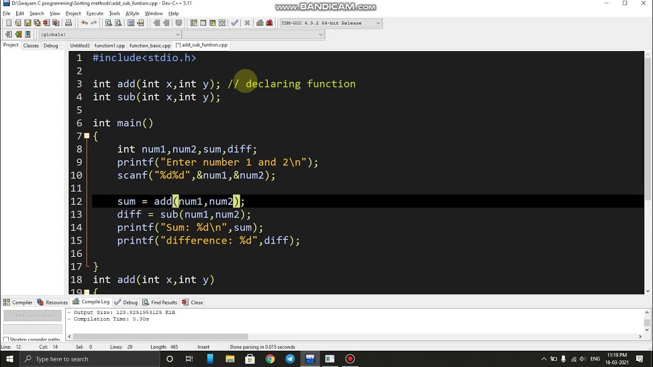 Addition and Subtraction using Function in C programming - YouTube