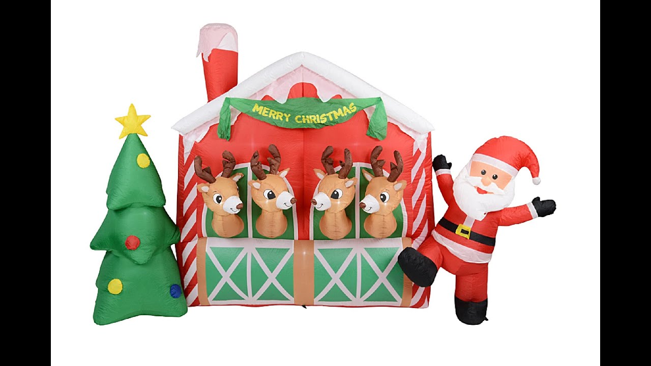 Reindeer Stable With Jolly Santa Illuminated Christmas Inflatable ...