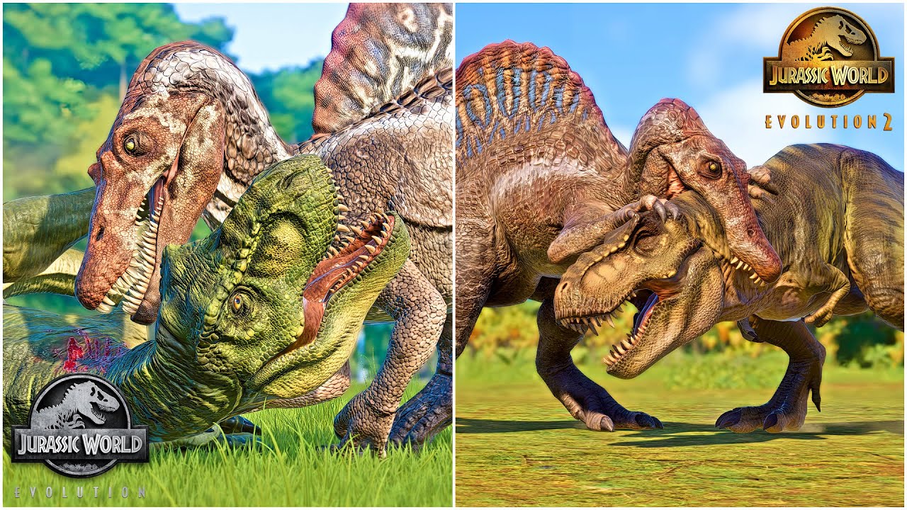 JWE 1 vs JWE 2 SPINOSAURUS HUNTING ANIMATIONS VS ALL CARNIVORE ...