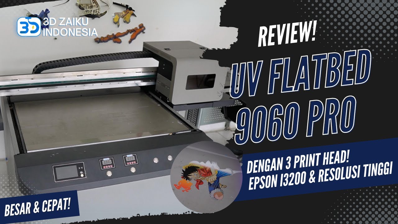 TIGA PRINT HEAD!! REVIEW MESIN UV PRINTER FLATBED 6090 PRO - YouTube