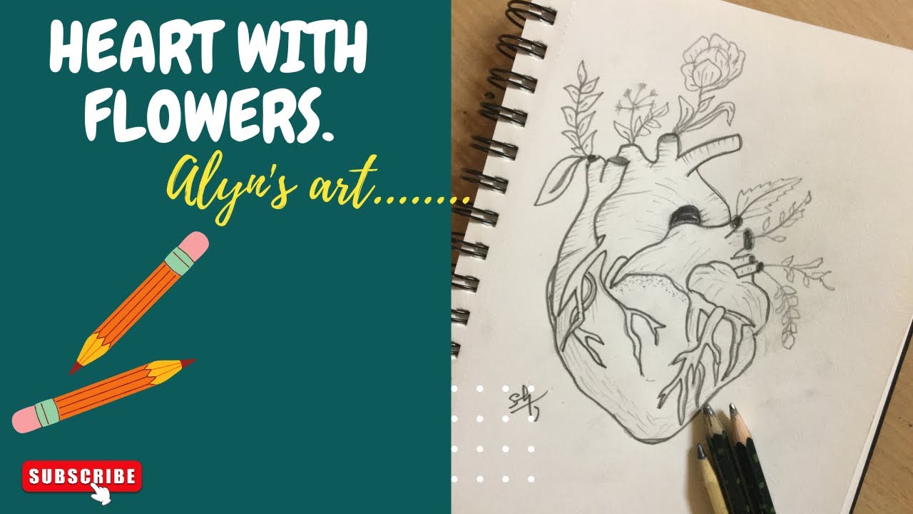 How to draw heart with flowers🫀| easy human heart drawing| #drawing # ...