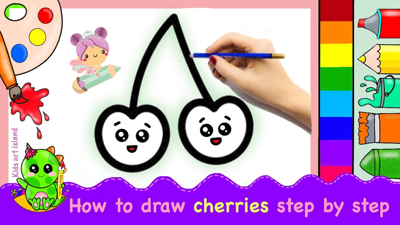 🍒How to draw cherries step by step for kids & toddlers|how to color ...