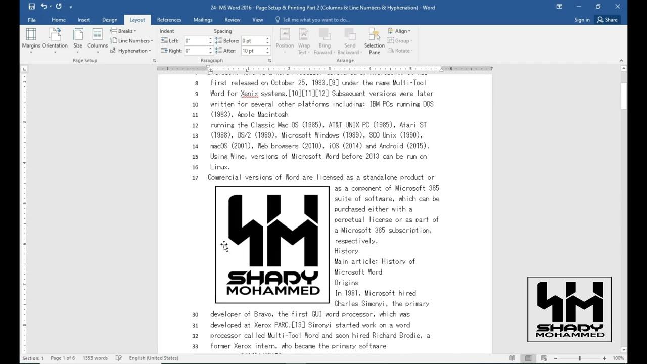 24- MS Word 2016 - Page Setup & Printing Part 2 (Columns & Line Numbers & Hyphenation) - YouTube