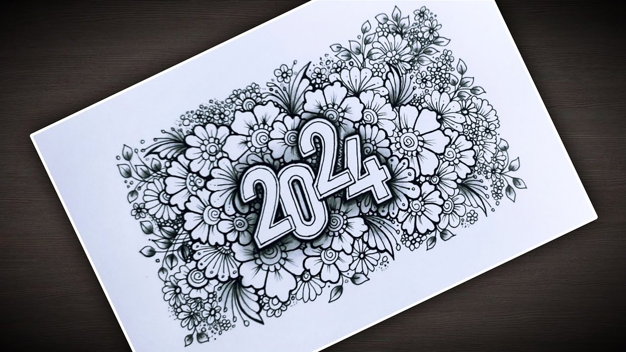 Happy New year 2024 drawing/How to draw 2024 flowers easy /2024 drawing ...