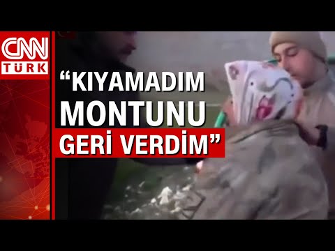 Birgül Teyze'nin üşüdüğünü gören asker, ona montunu giydirdi