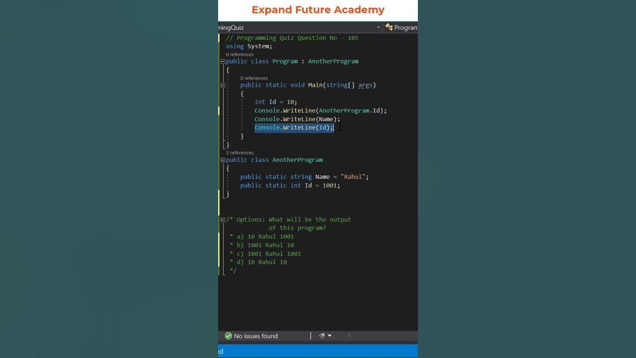 Programming Quiz Questions Q105 Expand Future Academy Shorts Csharp Dotnet Youtube