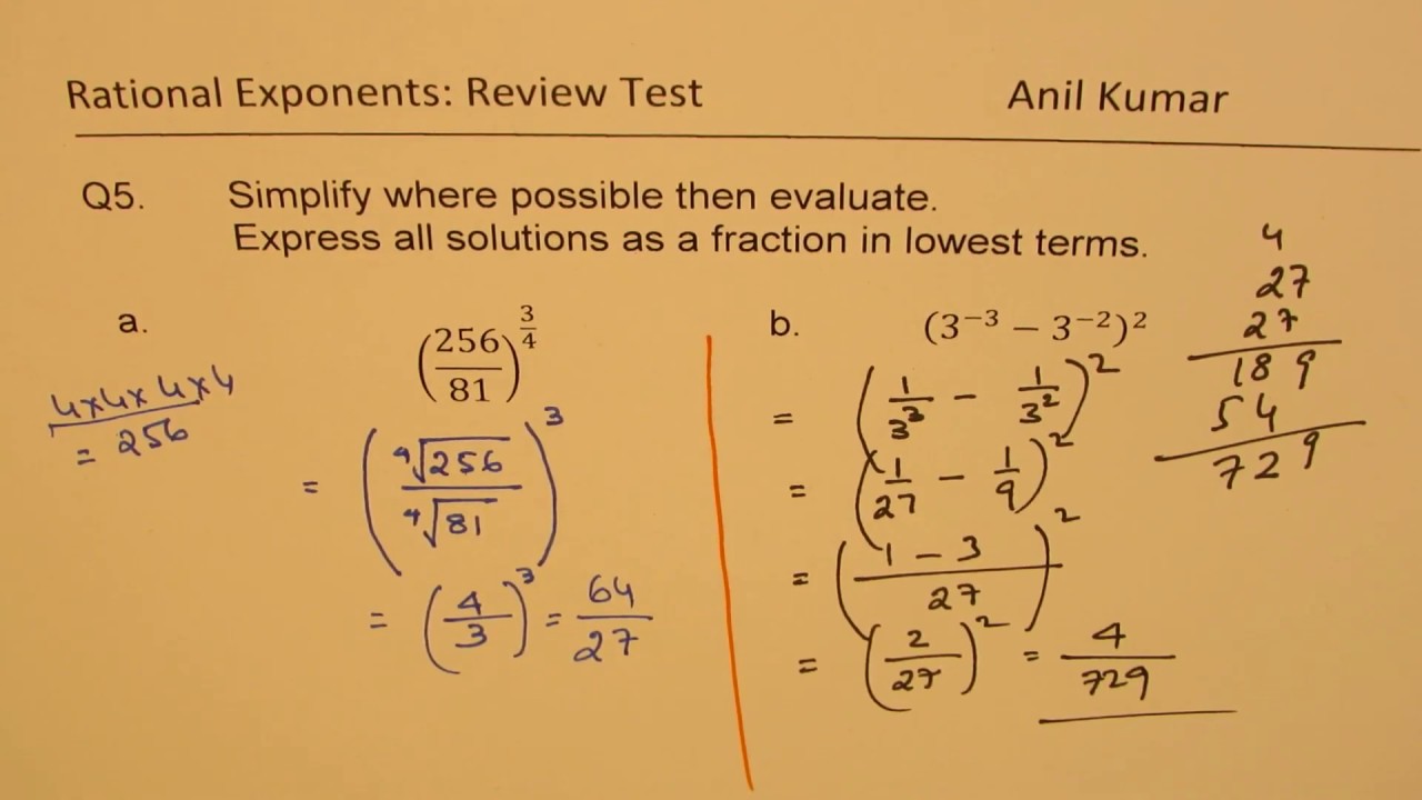 Rational Exponents Examples with Fractions as Solution Algebra 2 - YouTube