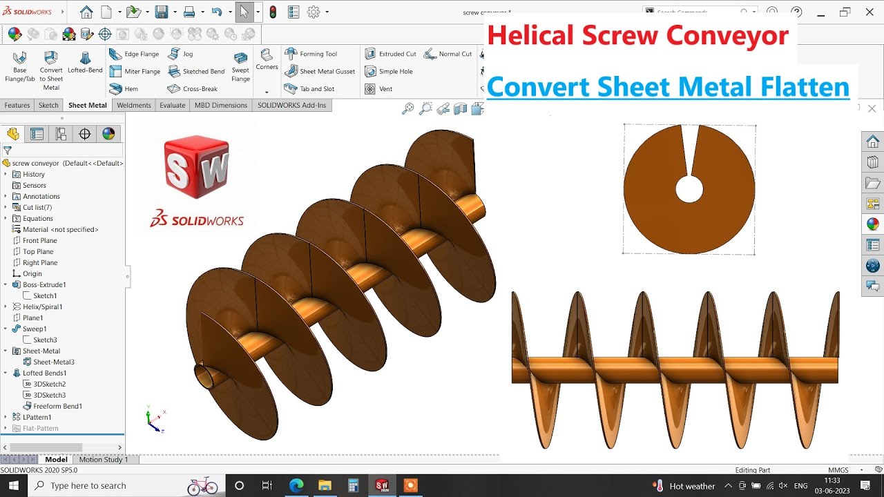 Helical Screw conveyor calculate in flat form using Solidworks sheet ...