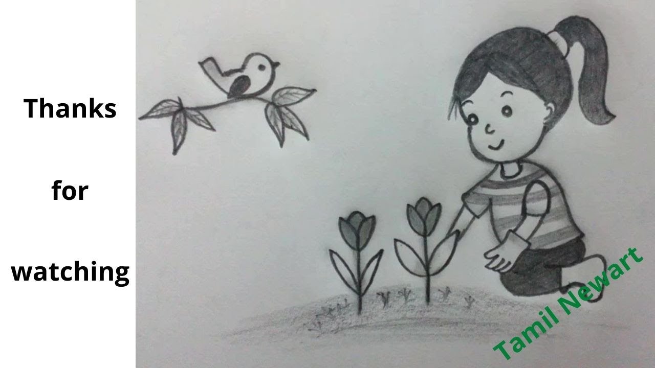 How to draw a Girl planting tree | Easy drawing | @TamilNewArt - YouTube