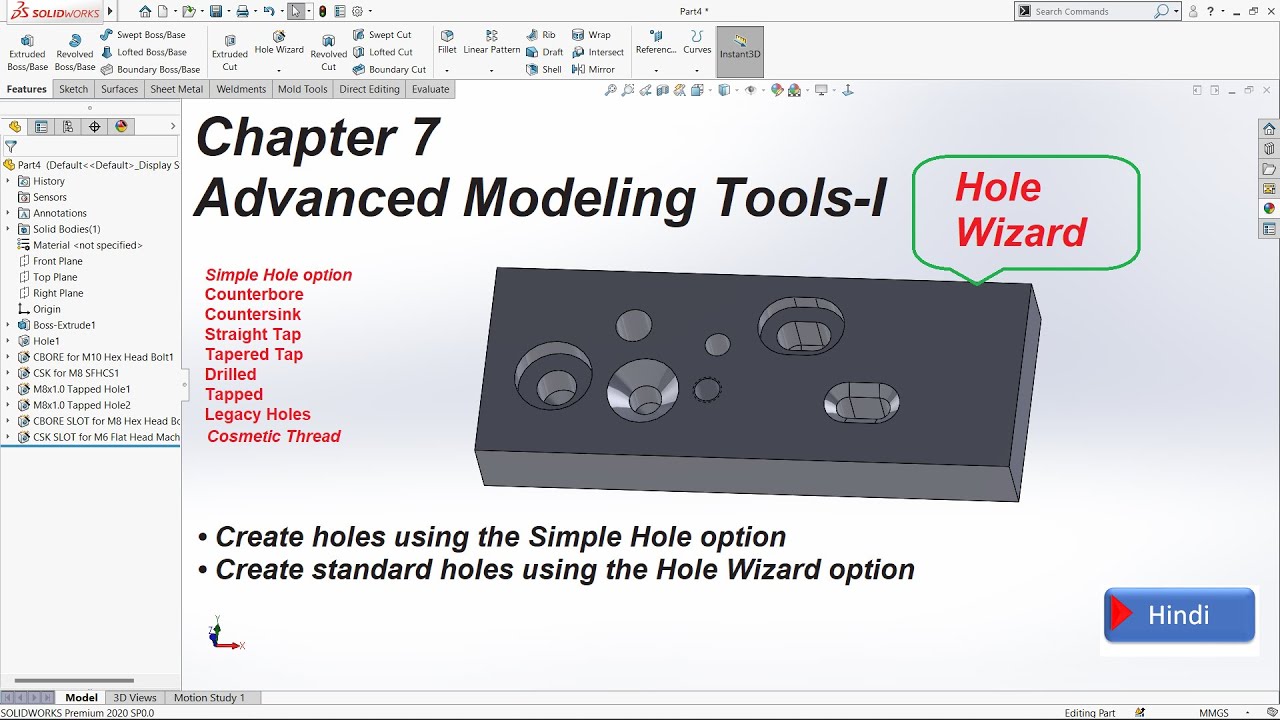 Chapter 7 Hole Wizard and Simple Hole in Solidworks 2020 - YouTube